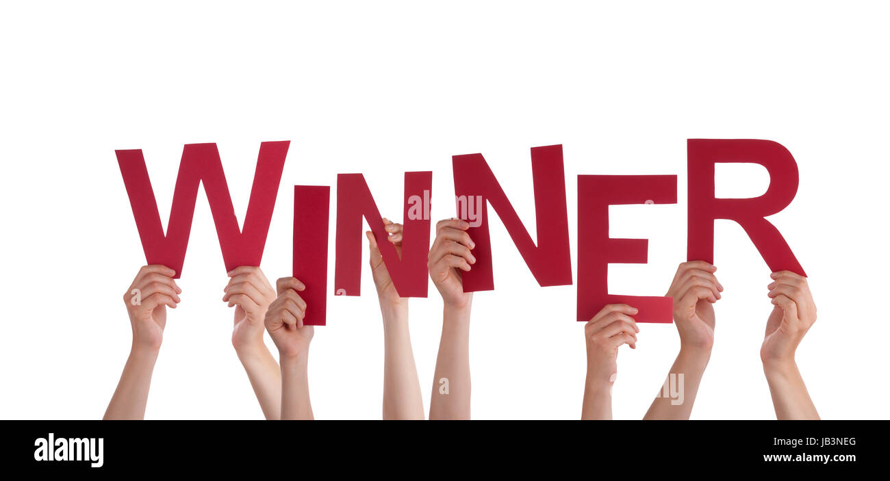 Many Hands Holding the Red Word Winner, Isolated Stock Photo - Alamy