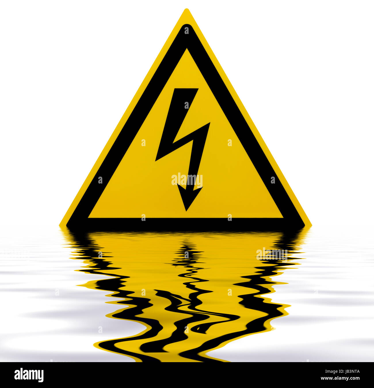 sunken High Voltage Sign on reflective water surface in white back ...