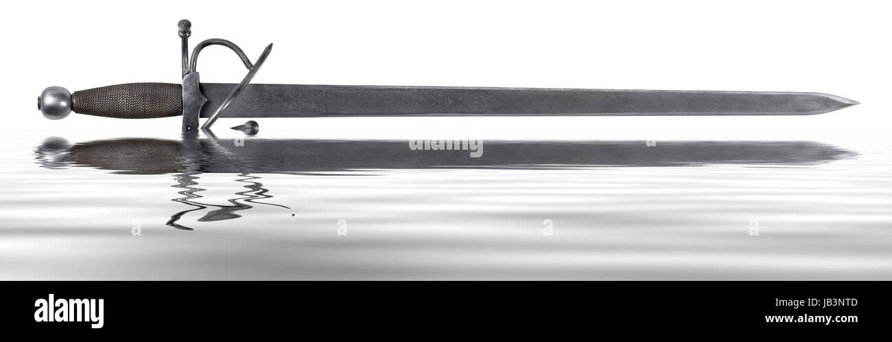 sinking sword on reflective water surface in white back Stock Photo - Alamy