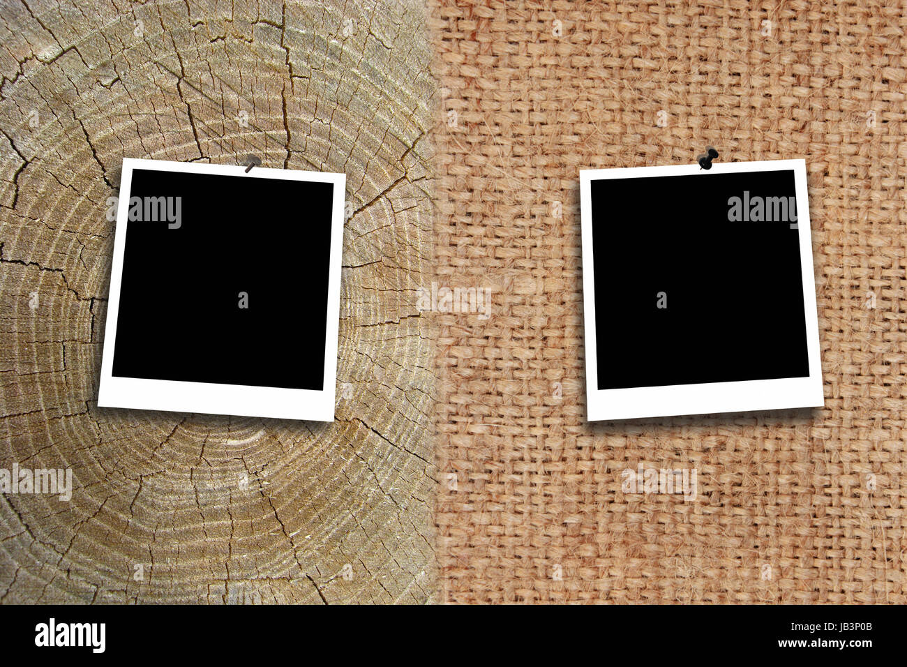 two empty photos stuck by pin to the texture of sacking and wooden ...