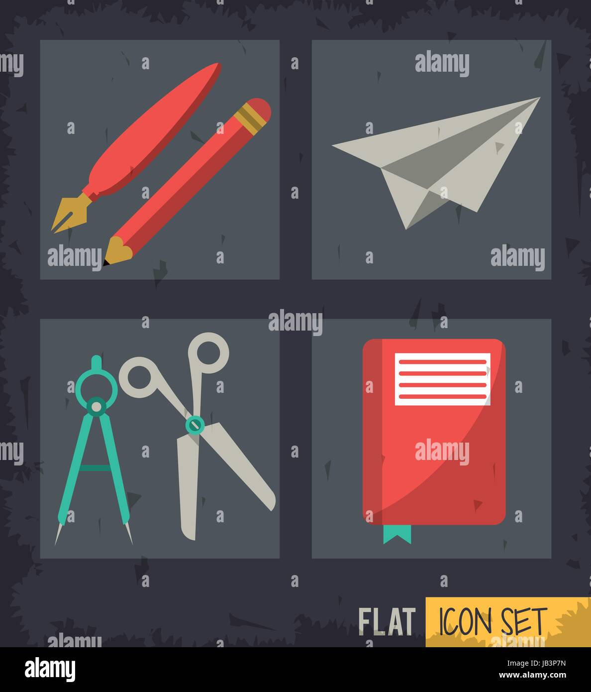 black background squares set with paper plane pencil scissor compass ...