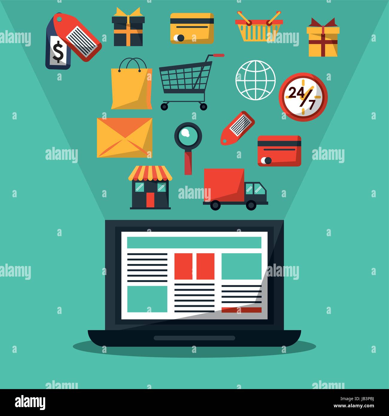 colorful background with laptop computer and common online shopping ...