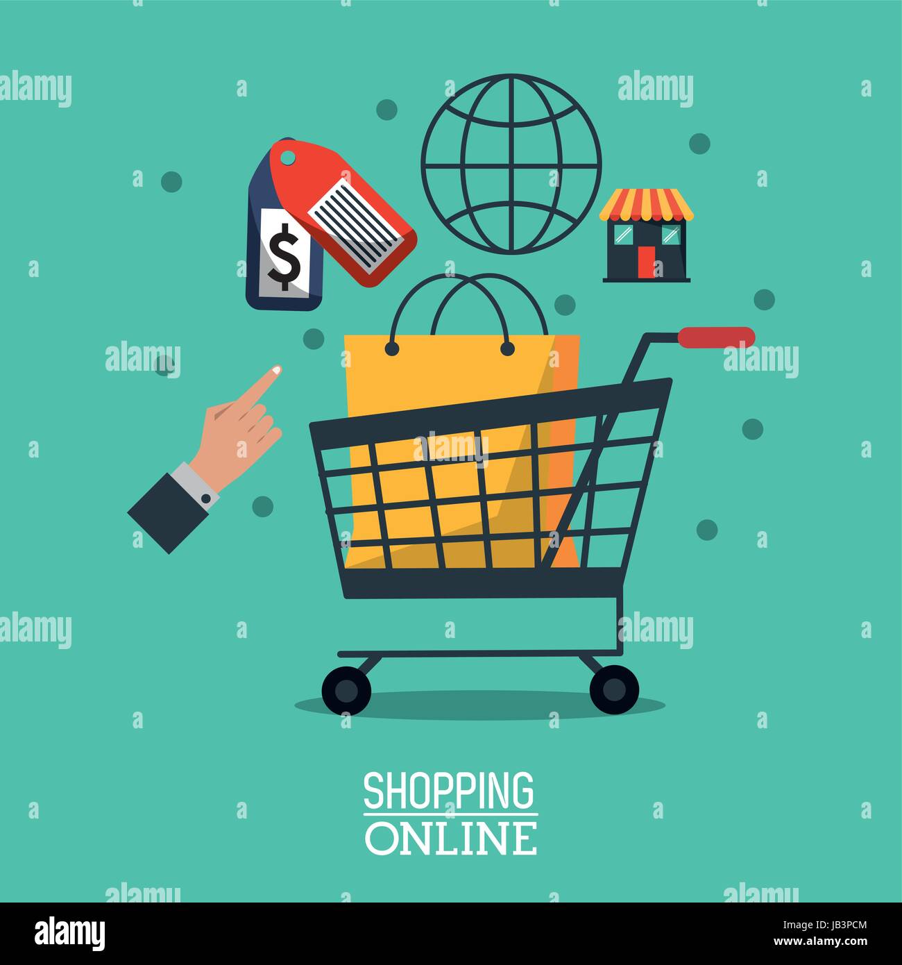 colorful poster shopping online with bag in shopping cart and online ...