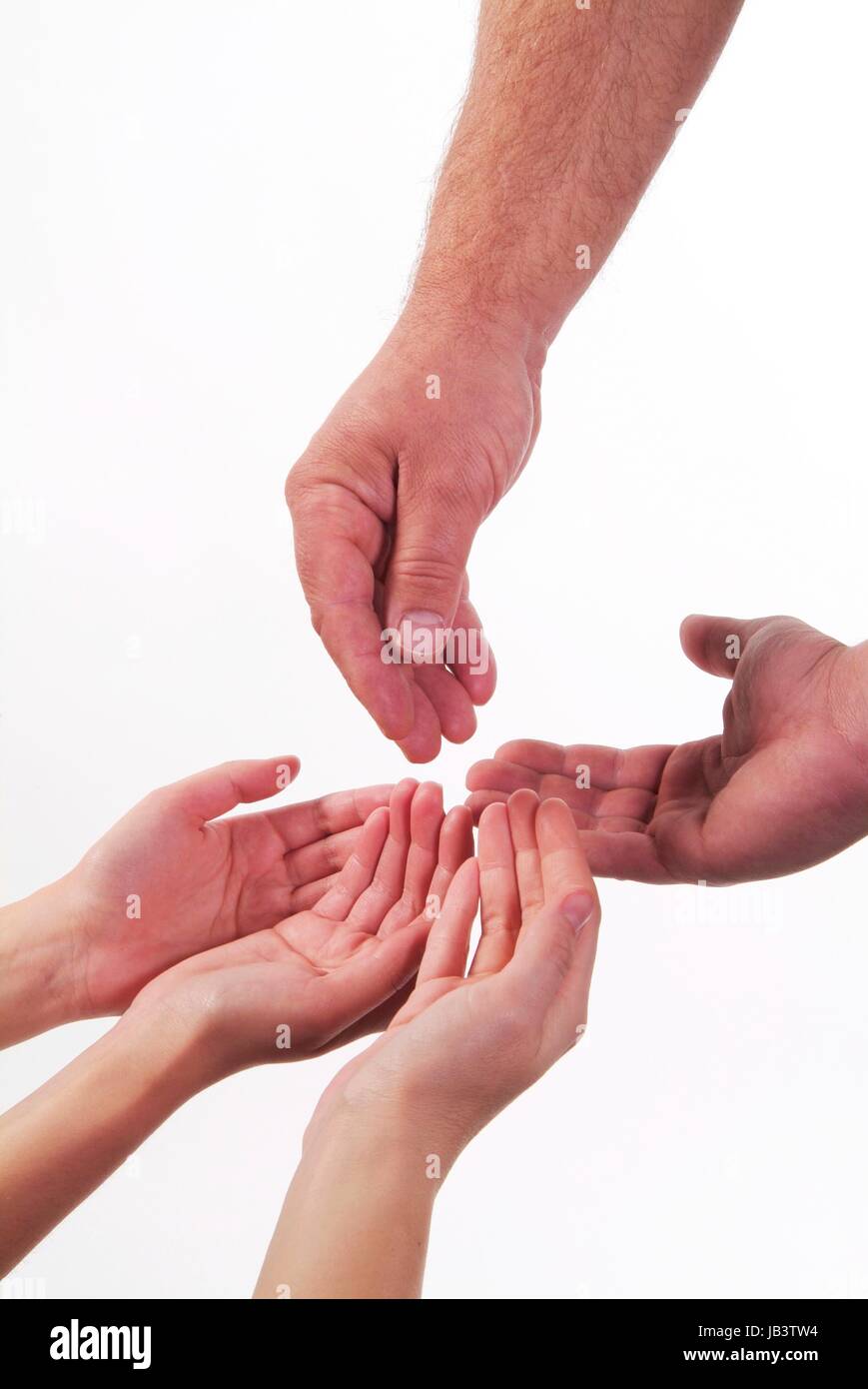 Four cupped human hands expecting support Stock Photo - Alamy