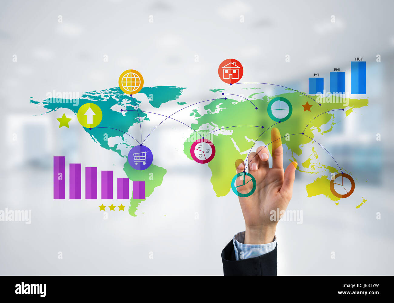 Modern office interior and close of businesswoman hand choosing icon on ...