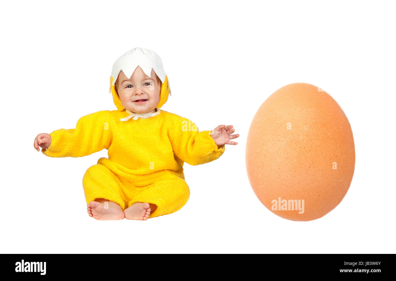 Nice baby chick disguised with a big egg at his side isolated on a ...