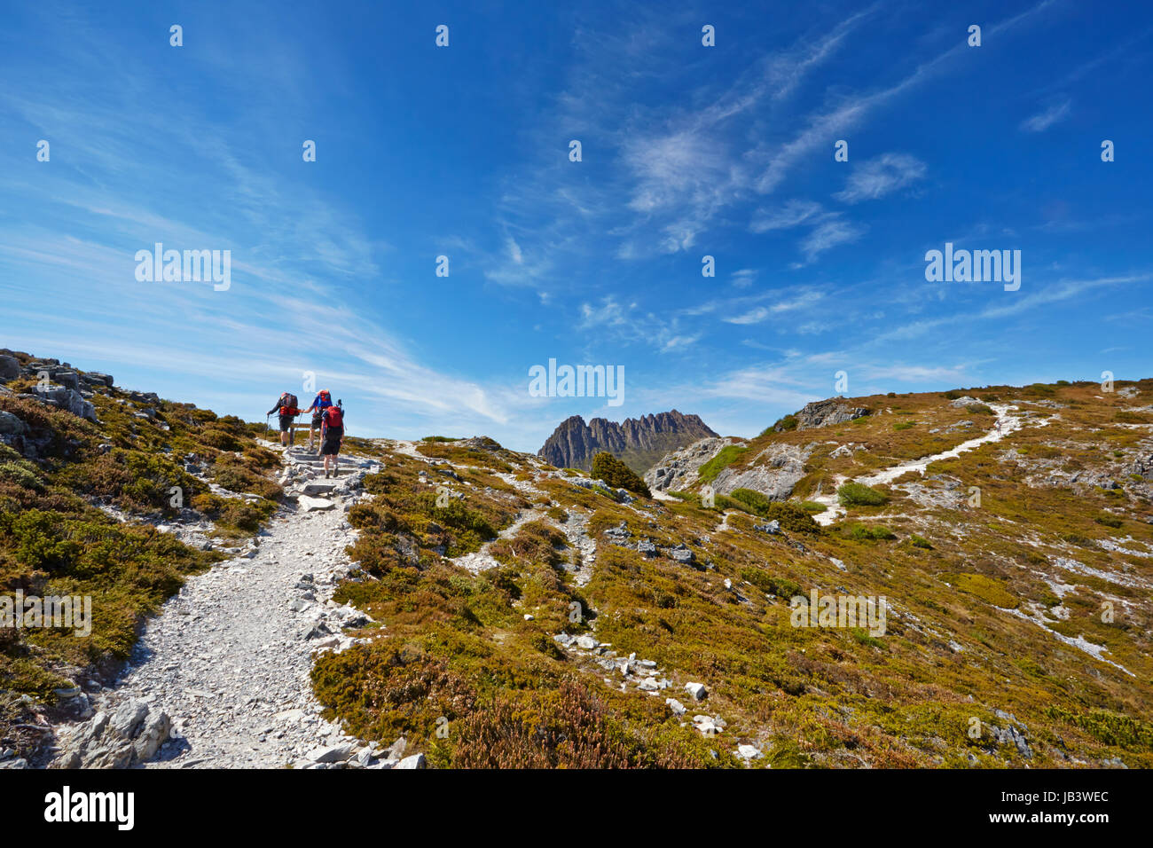 Hikers reaching the summit of a ridge with Cradle Mountain in ...