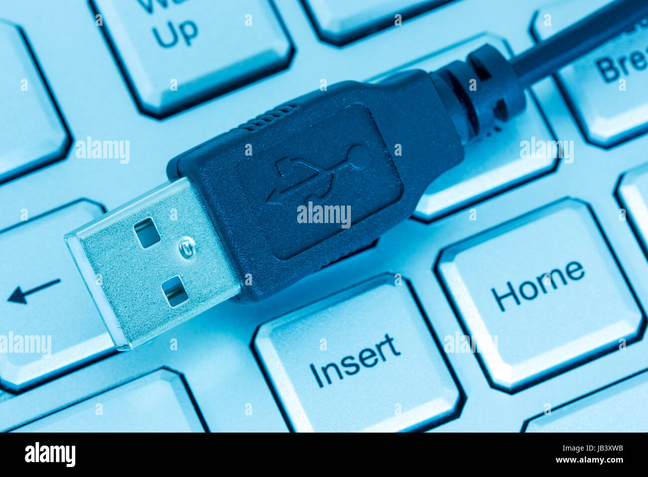 Computer keyboard and usb devise tinted in blue tone Stock Photo - Alamy