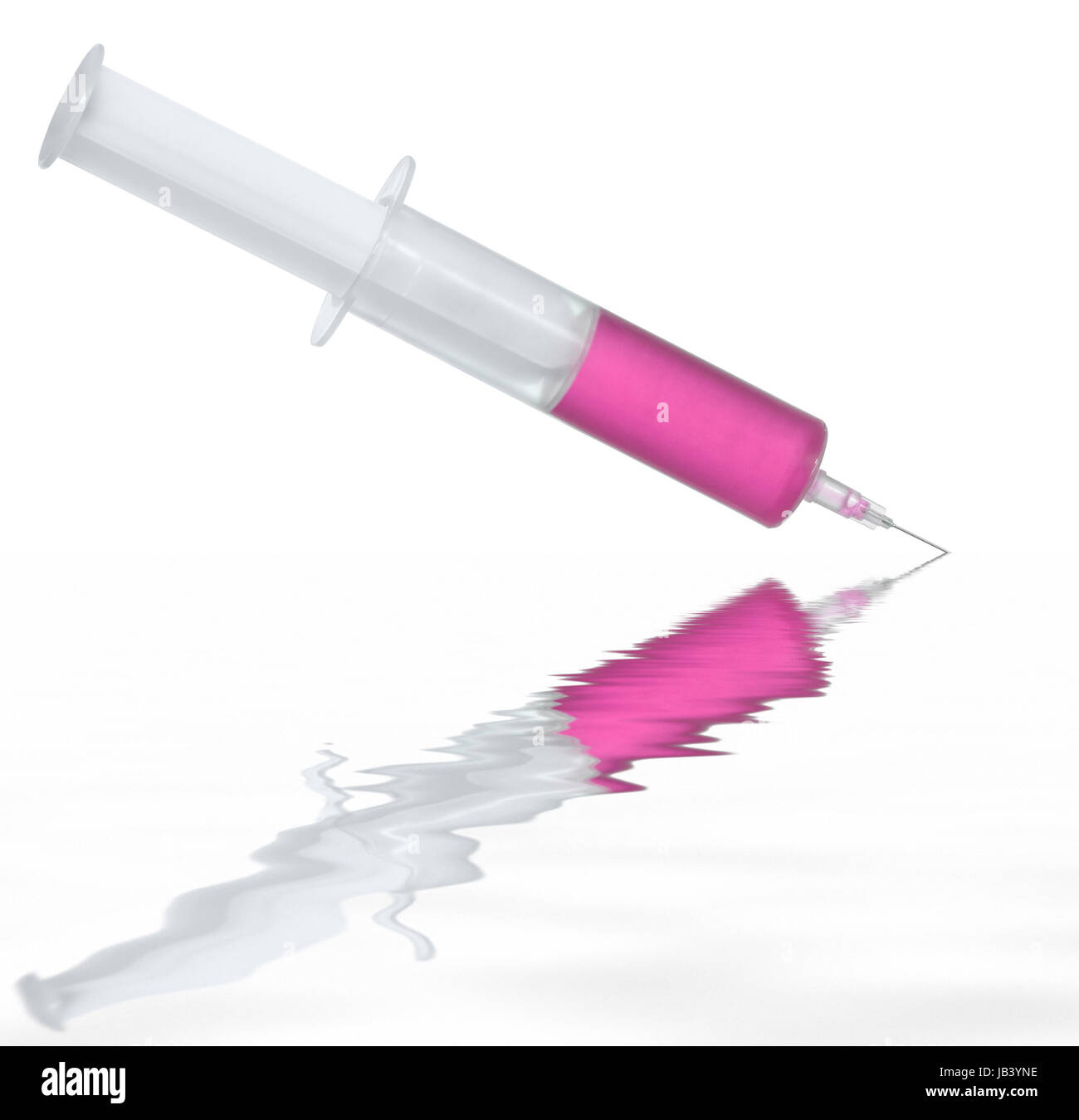 syringe filled with pink fluid over reflective water surface Stock ...