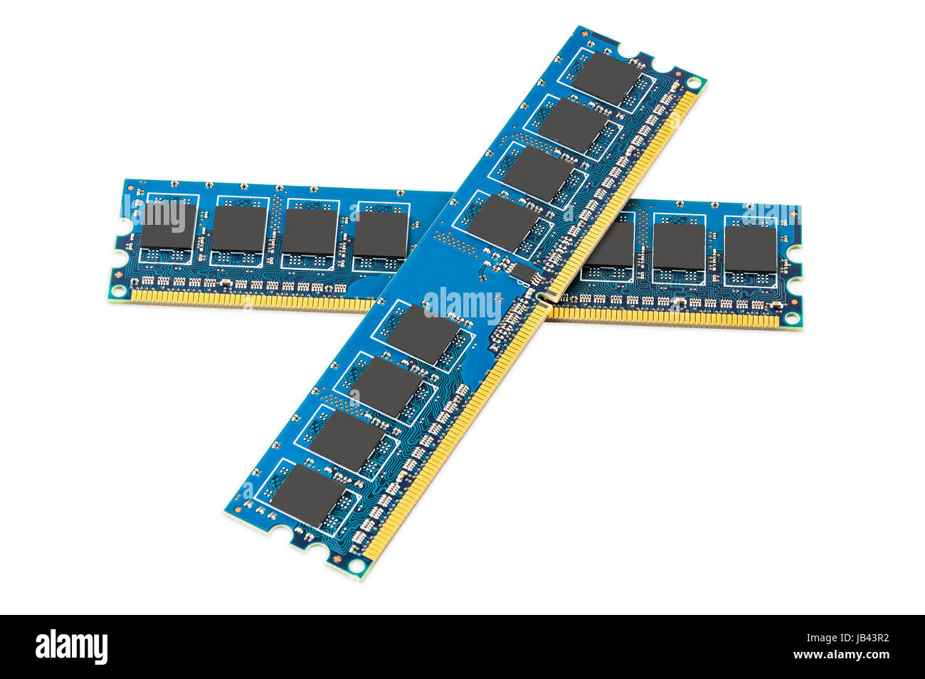 Pair of computer DDR memory modules isolated on white background with ...