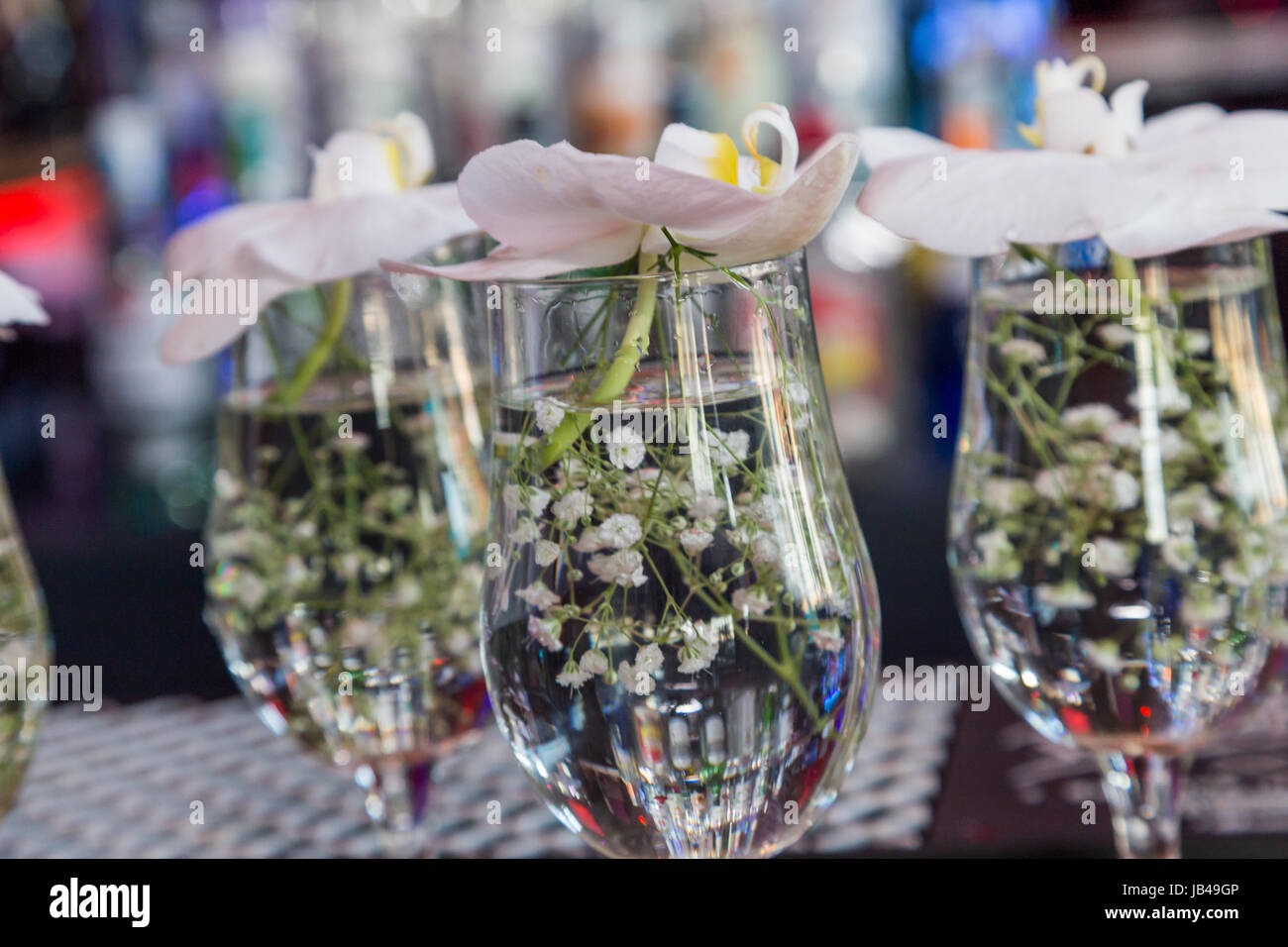 small white flowers in glass for decoration table in interior Stock ...