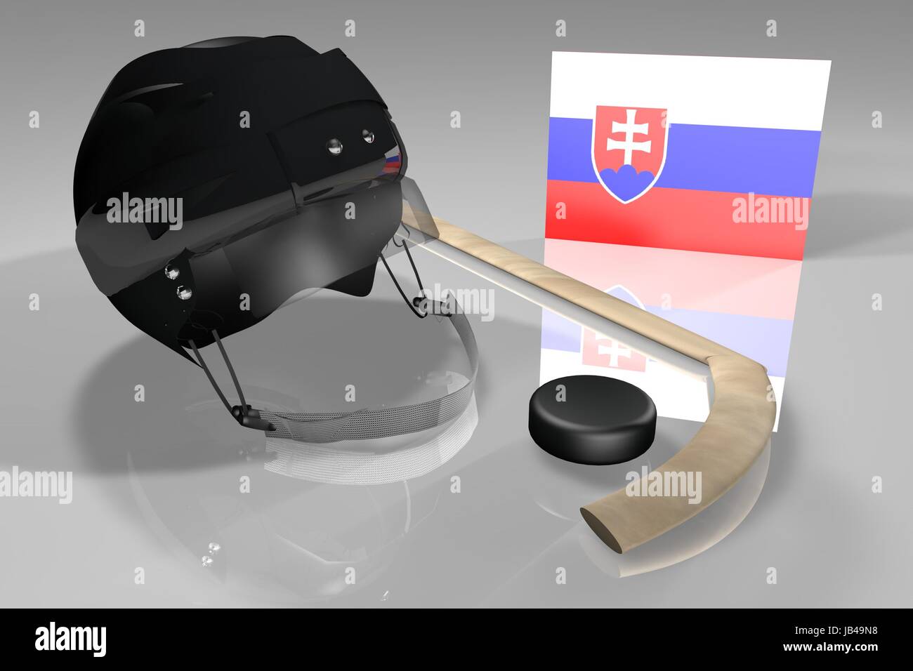 Slovakia flag, hockey helmet, puck and stick over reflecting surface ...