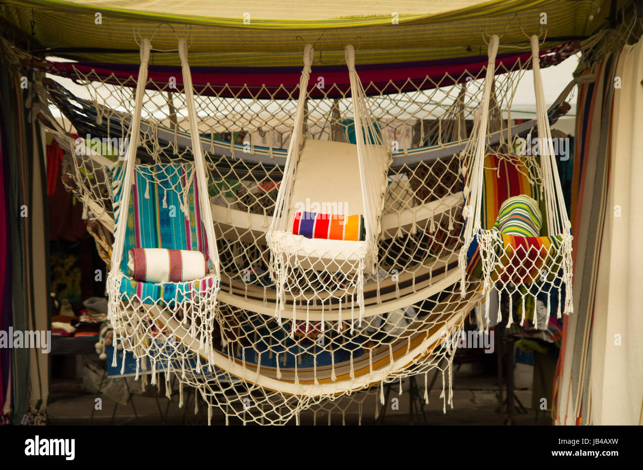 OTAVALO, ECUADOR - MAY 17, 2017: Andean traditional hammock textile ...