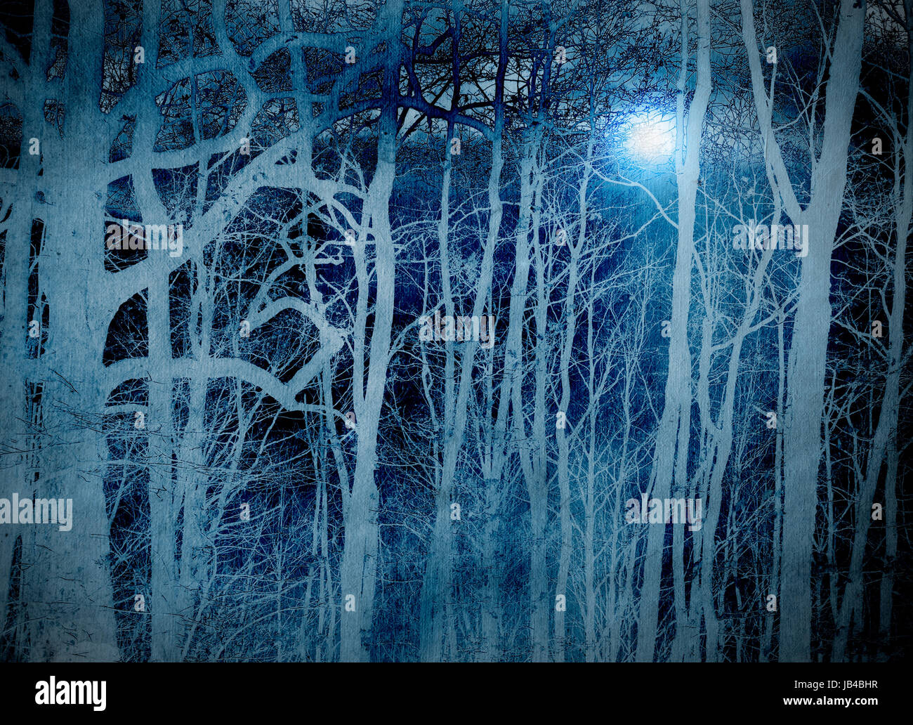 blue scary forest in the night with moonlight illustration Stock Photo ...