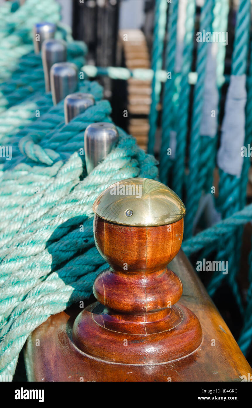 Blocks and rigging at the old sailboat, close-up Stock Photo - Alamy