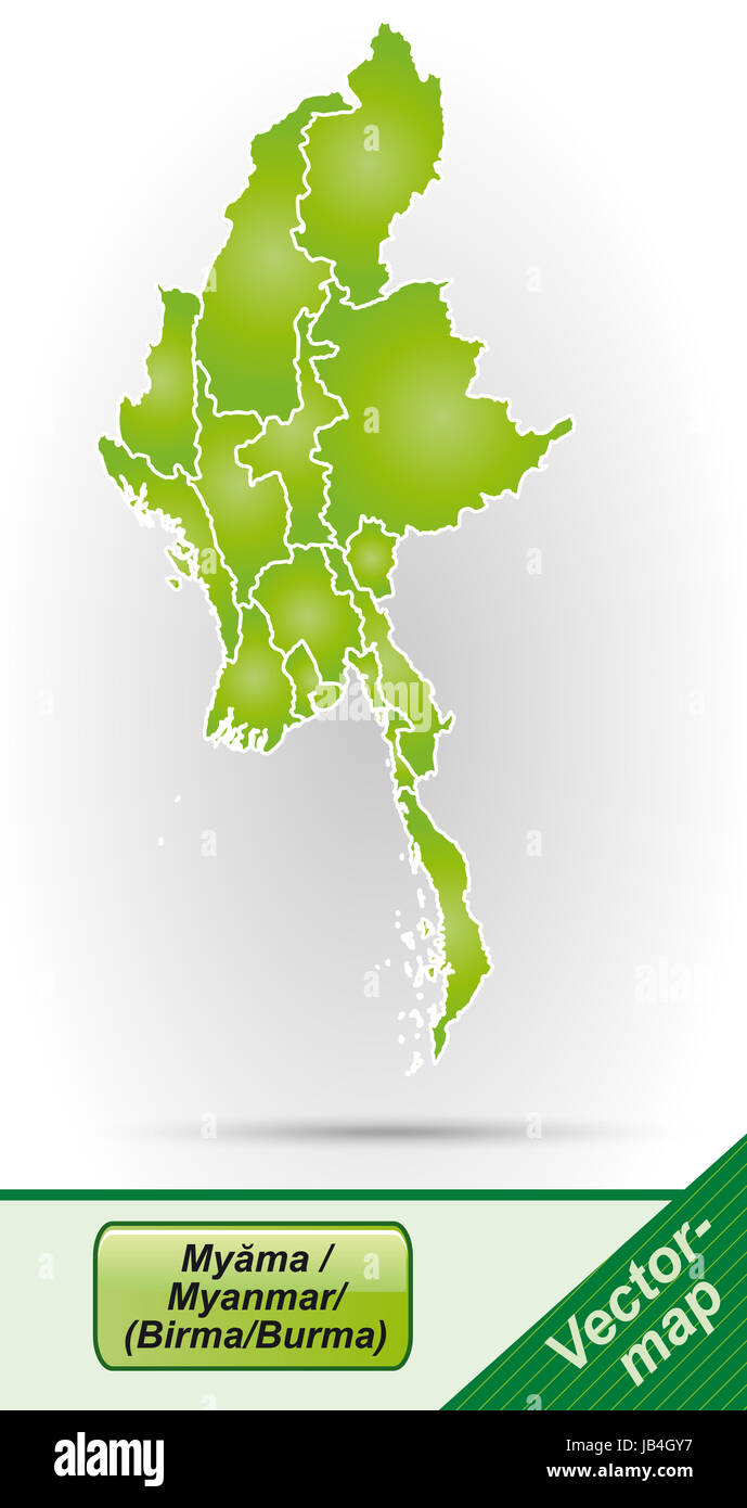 Myanmar in Asien als Grenzkarte mit Grenzen in Grün. Durch die ...