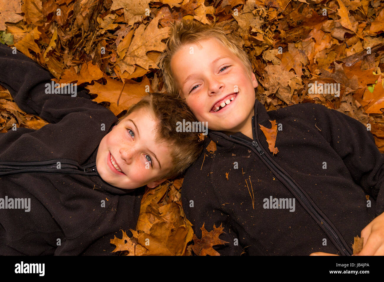 Kids playing in pile leaves hi-res stock photography and images - Alamy
