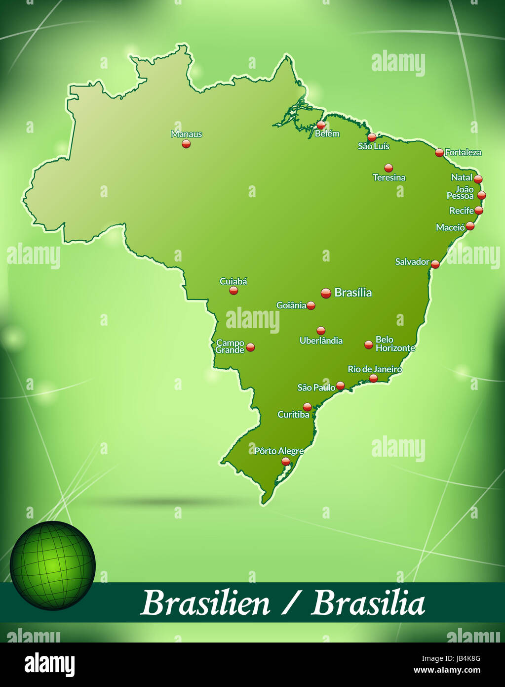 Brasilien in Suedamerika als Inselkarte mit abstraktem Hintergrund in Grün. Durch die ...