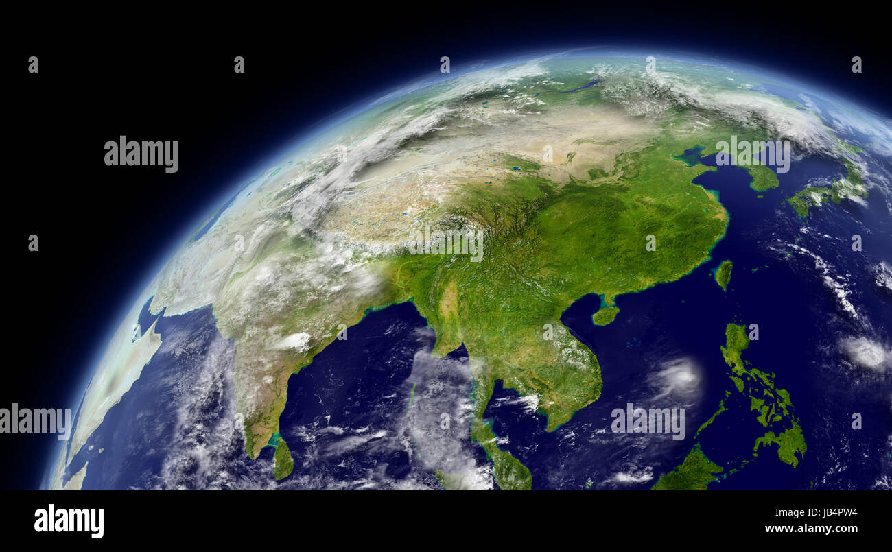 East Asia viewed from space with atmosphere and clouds. Elements of ...