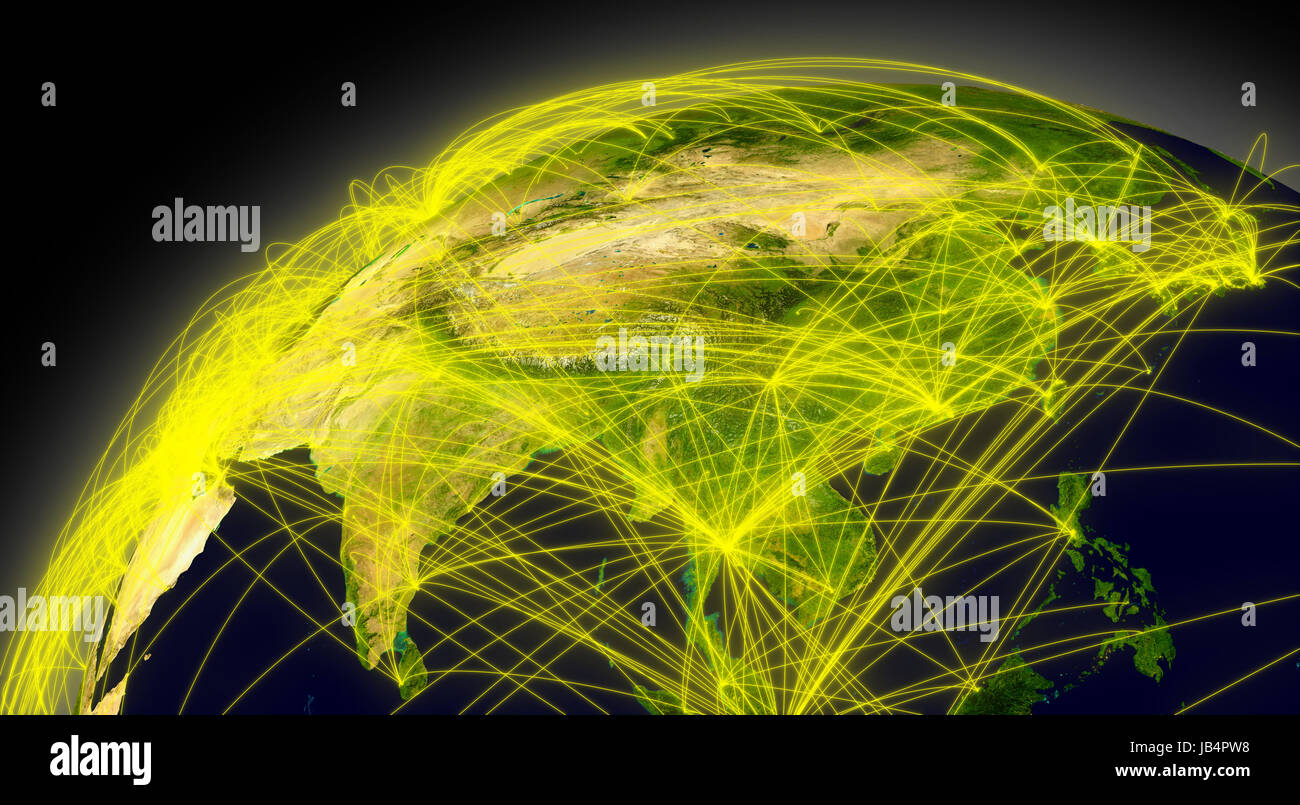 East Asia viewed from space with connections representing main air ...