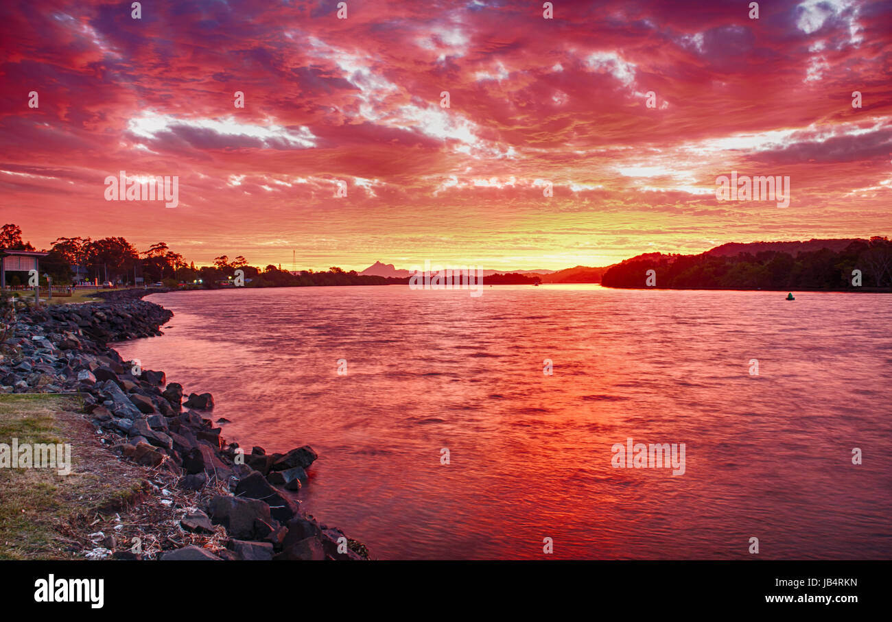 Wonderful sunset over the Tweed River at Chinderah with a Mt. Warning ...