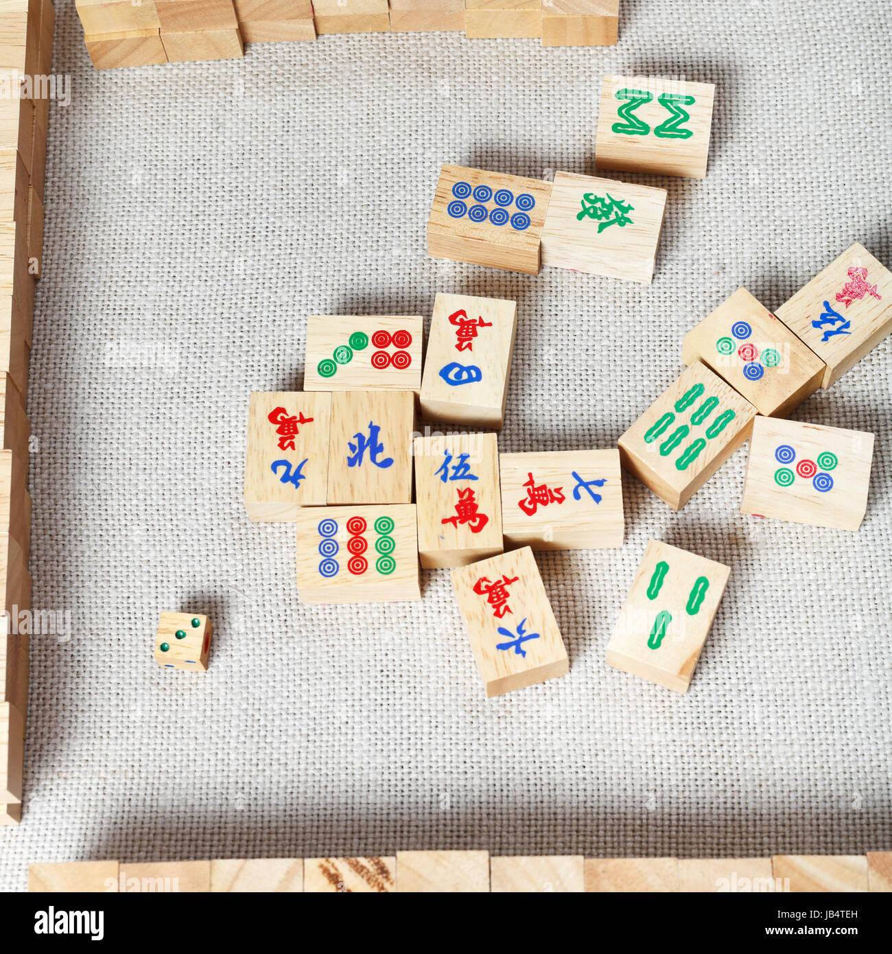 top view of playing field of mahjong desk game on textile table Stock ...