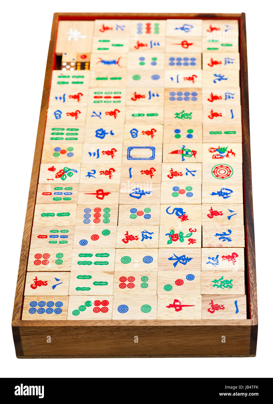 above view of set of wooden mahjong game tiles in box isolated on white ...