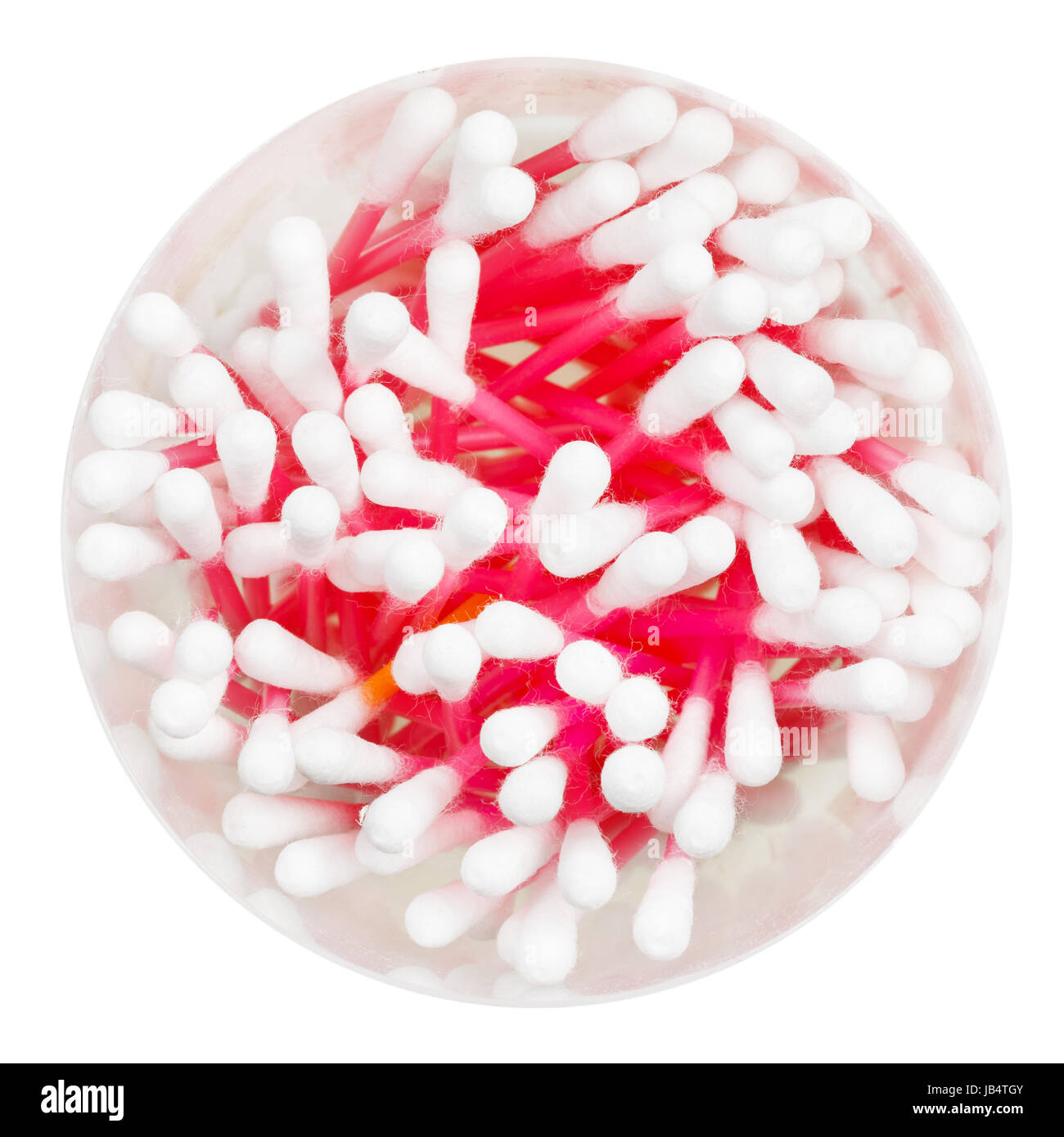 top view of many pink cotton swabs in round container isolated on white ...