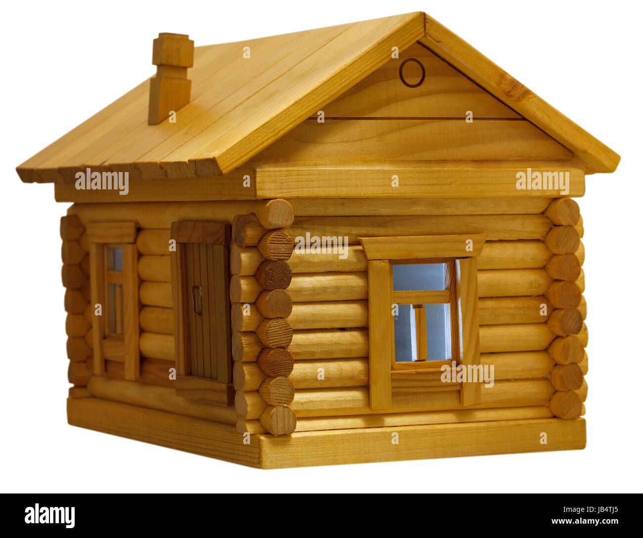 model of village wooden log house in evening isolated on white ...