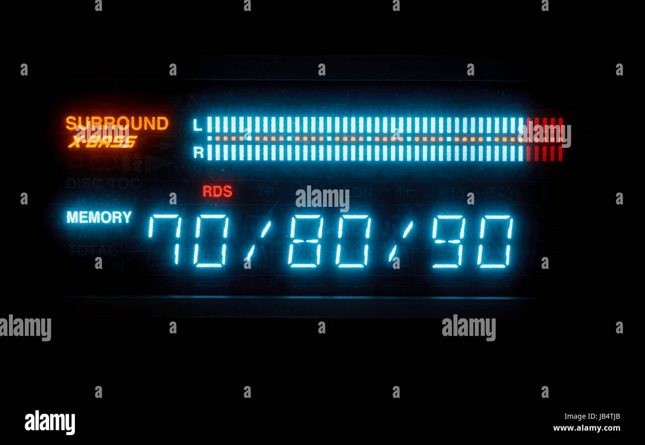 blue scale of sound volume on illuminated indicator board of radio ...