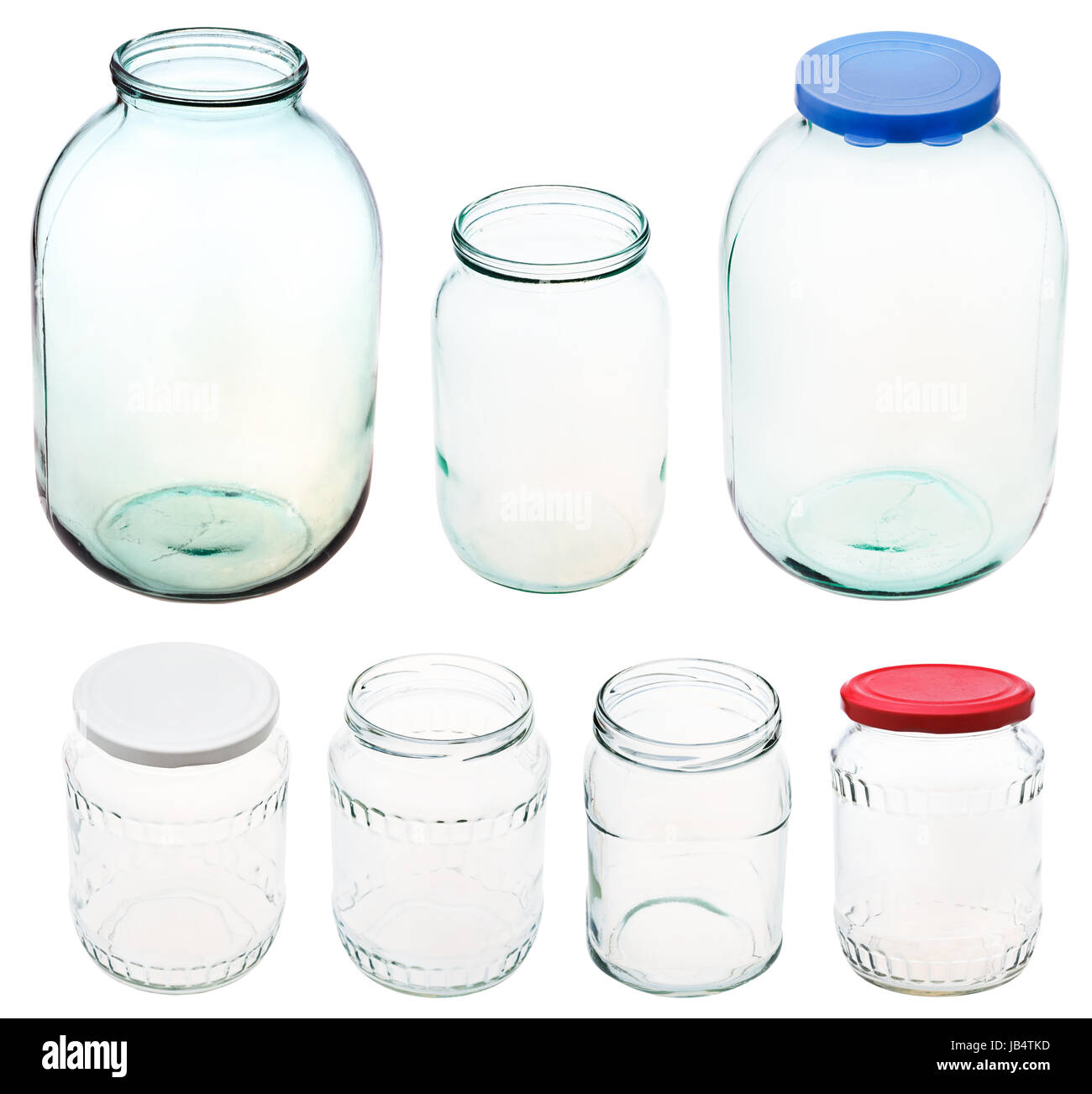 set of different size glass jars isolated on white background Stock ...