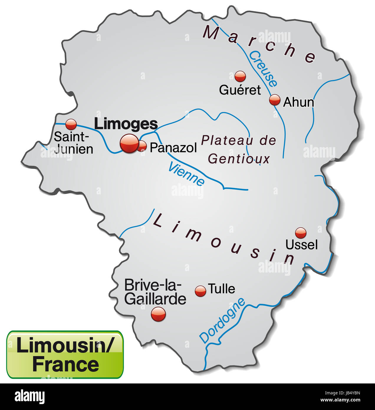 Limousin in Frankreich als Inselkarte mit allen wichtigen ...