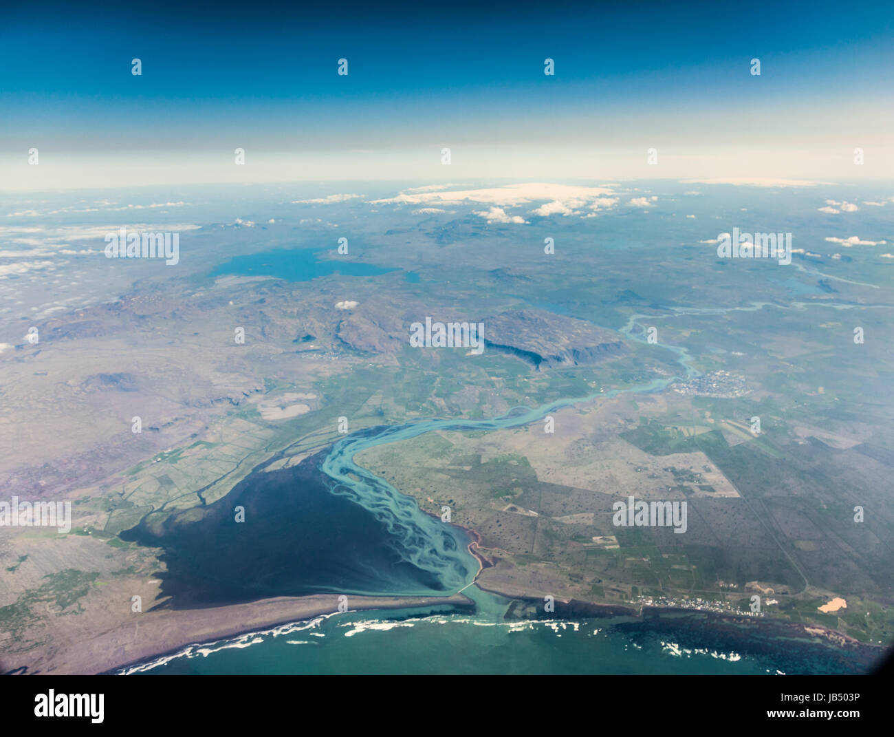 Aerial photography of the southern icelandic coast: Ölfusá estuary, the ...