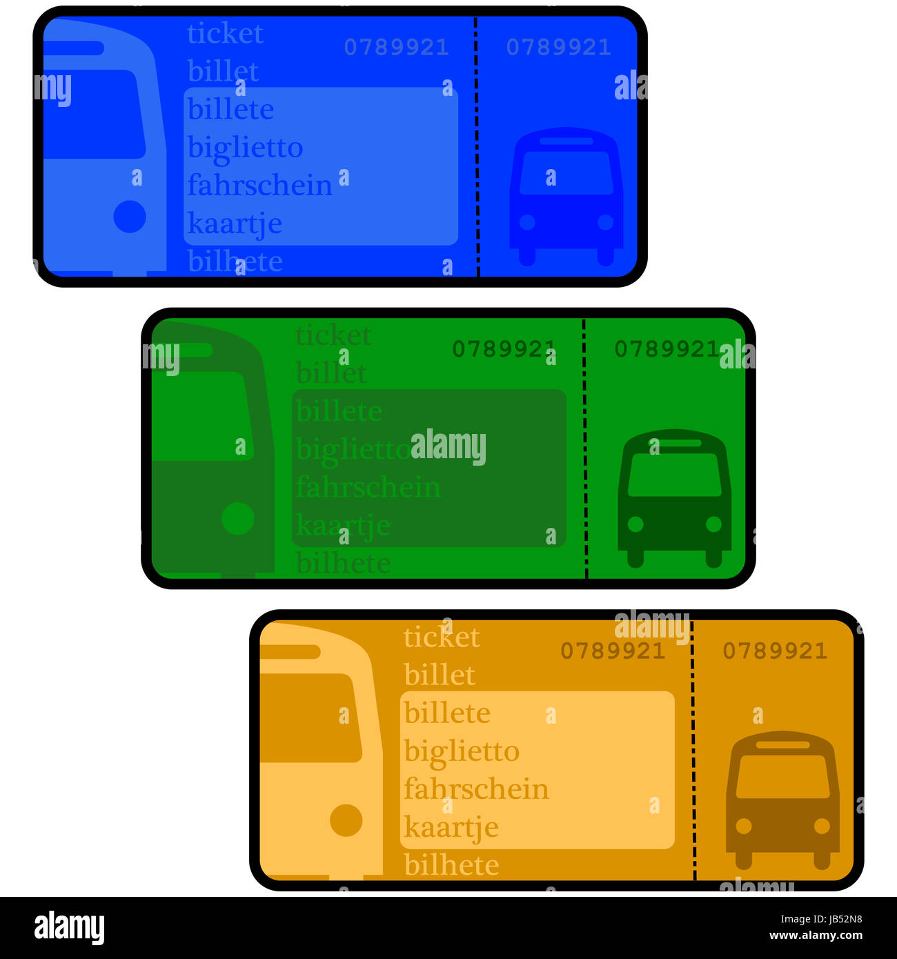Cartoon illustration showing bus ticket templates in different colors ...