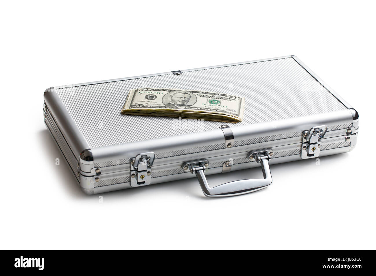 Silver case with dollars on white background Stock Photo - Alamy