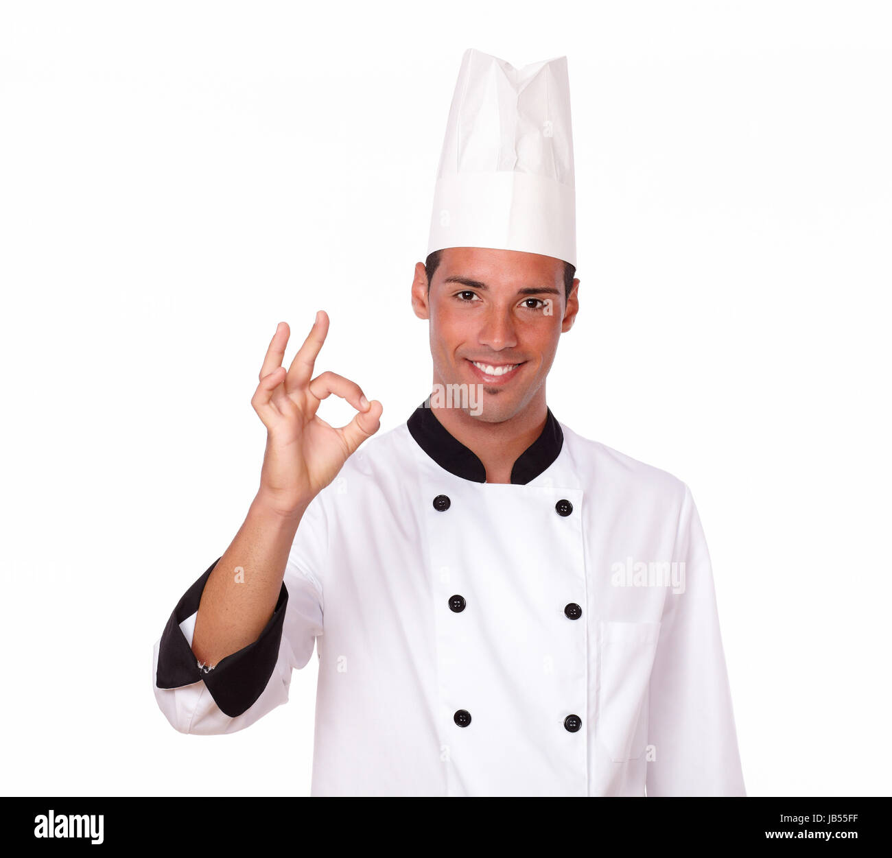 Portrait of a professional 20s male chef with positive gesture smiling ...