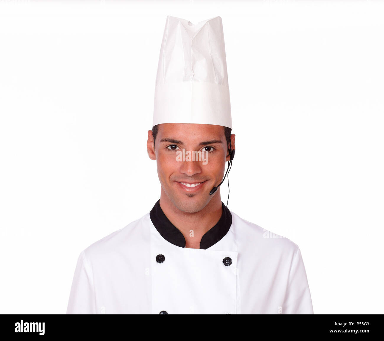 Portrait of handsome professional chef guy on white uniform with ...