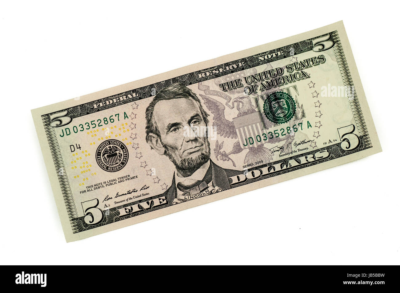 American five dollar banknote over white Stock Photo - Alamy
