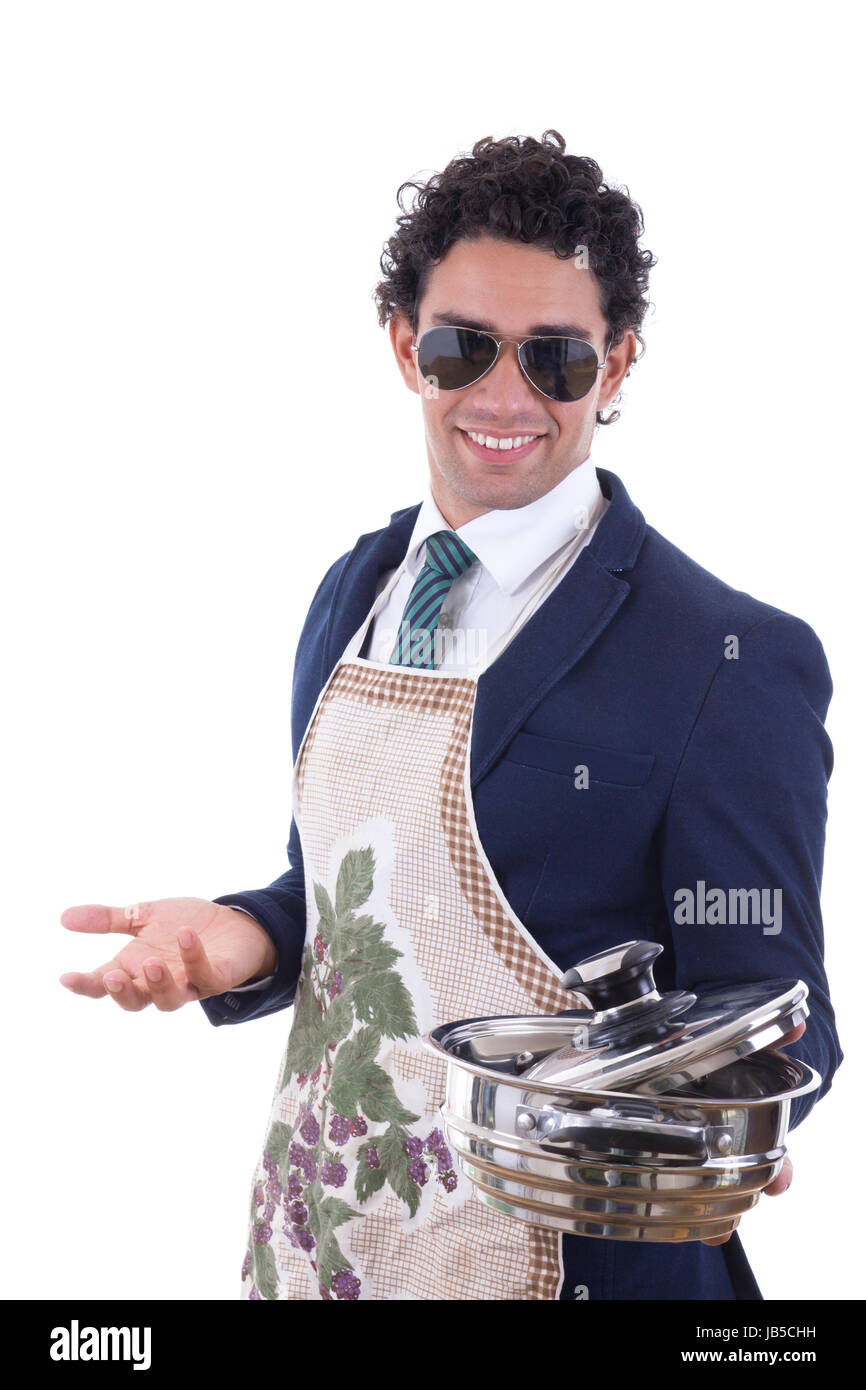 adult smiling man in suit with an apron holding a cooking pot Stock ...