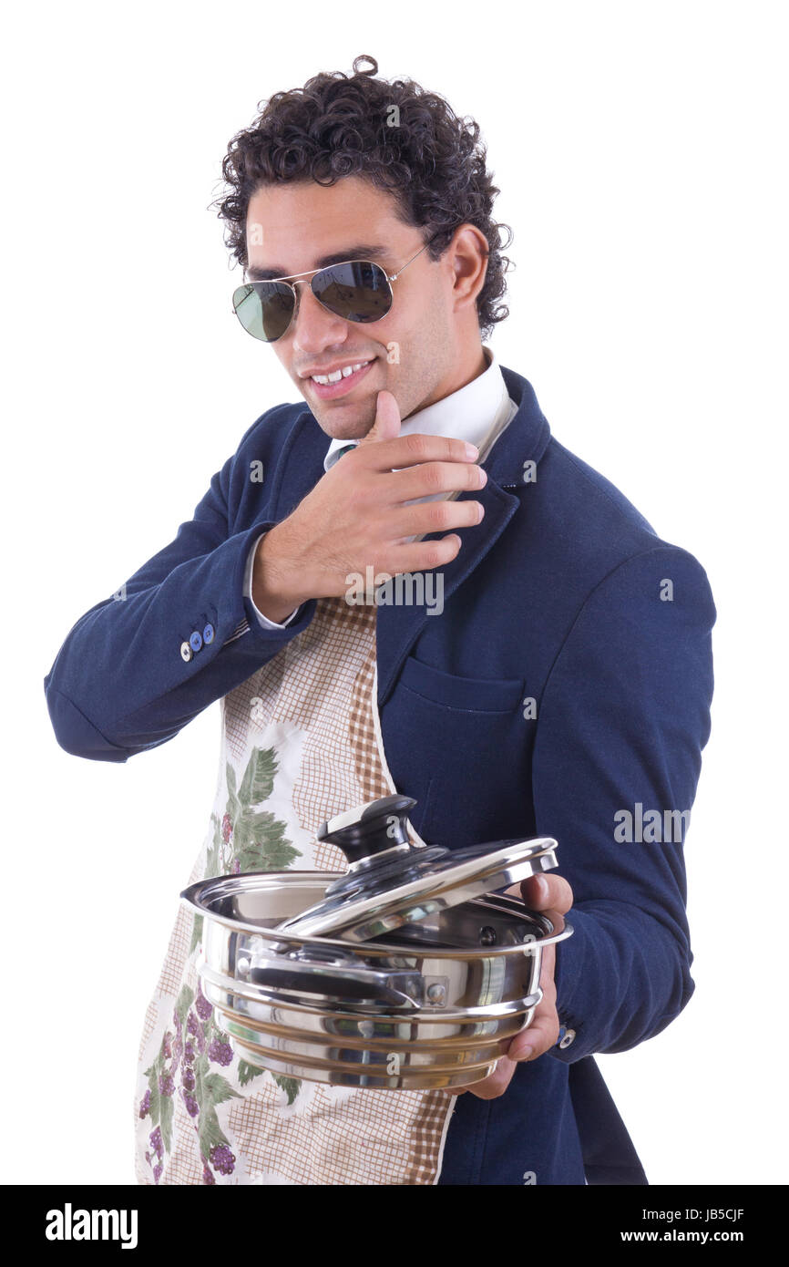 handsome man in suit with an apron holding a cooking pot Stock Photo ...