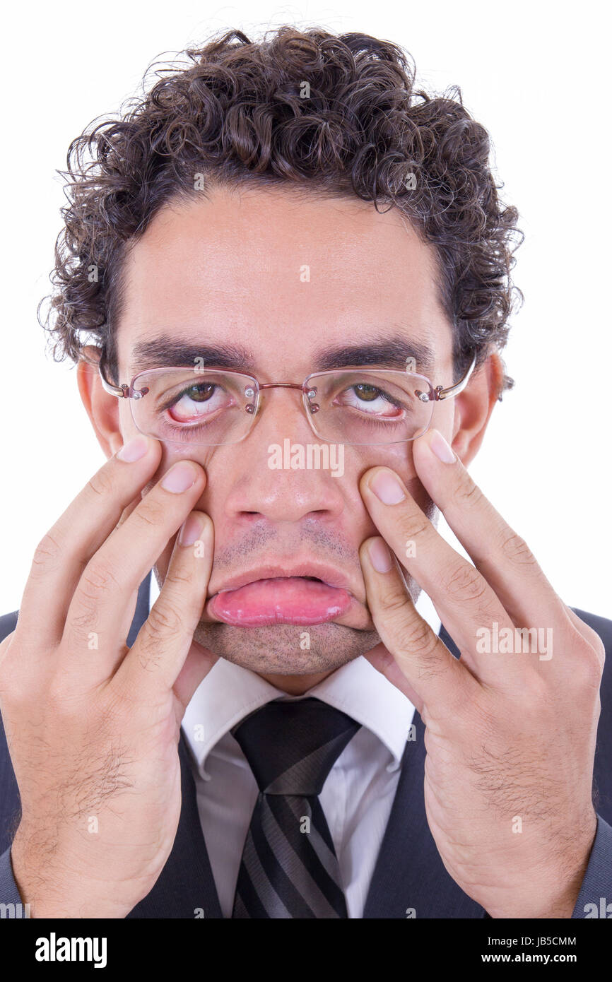 young man with glasses stretching his face Stock Photo - Alamy