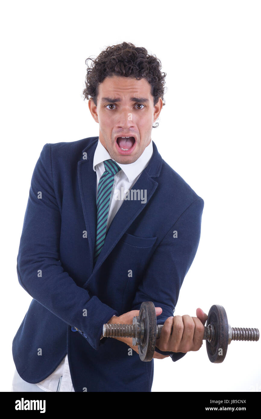 weak man in suit holding a weight Stock Photo - Alamy