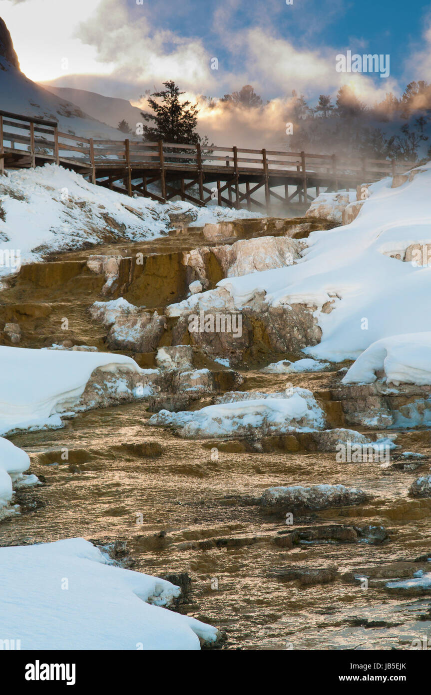 Hot steaming water beautiful cascade geyser - winter landscape in ...