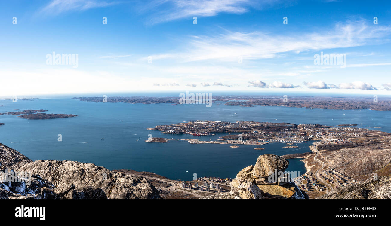 Daylight panorama of Nuuk city and surrounding fjords, Greenland Stock ...