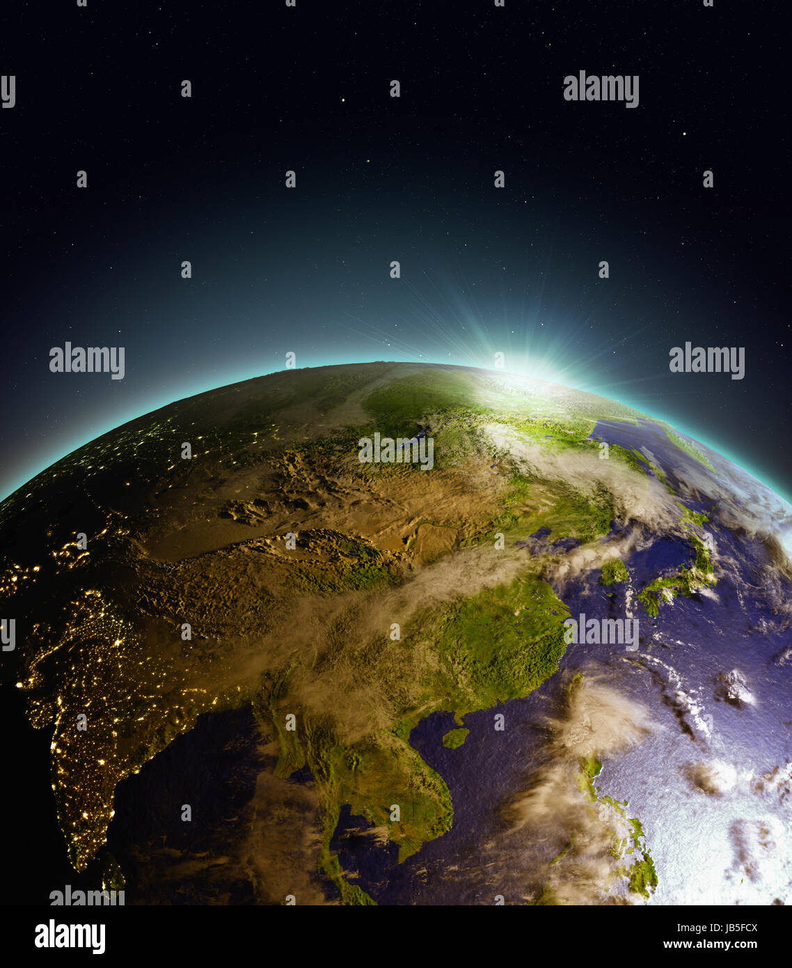 East Asia from Earth's orbit in space just as the sun rises. 3D ...