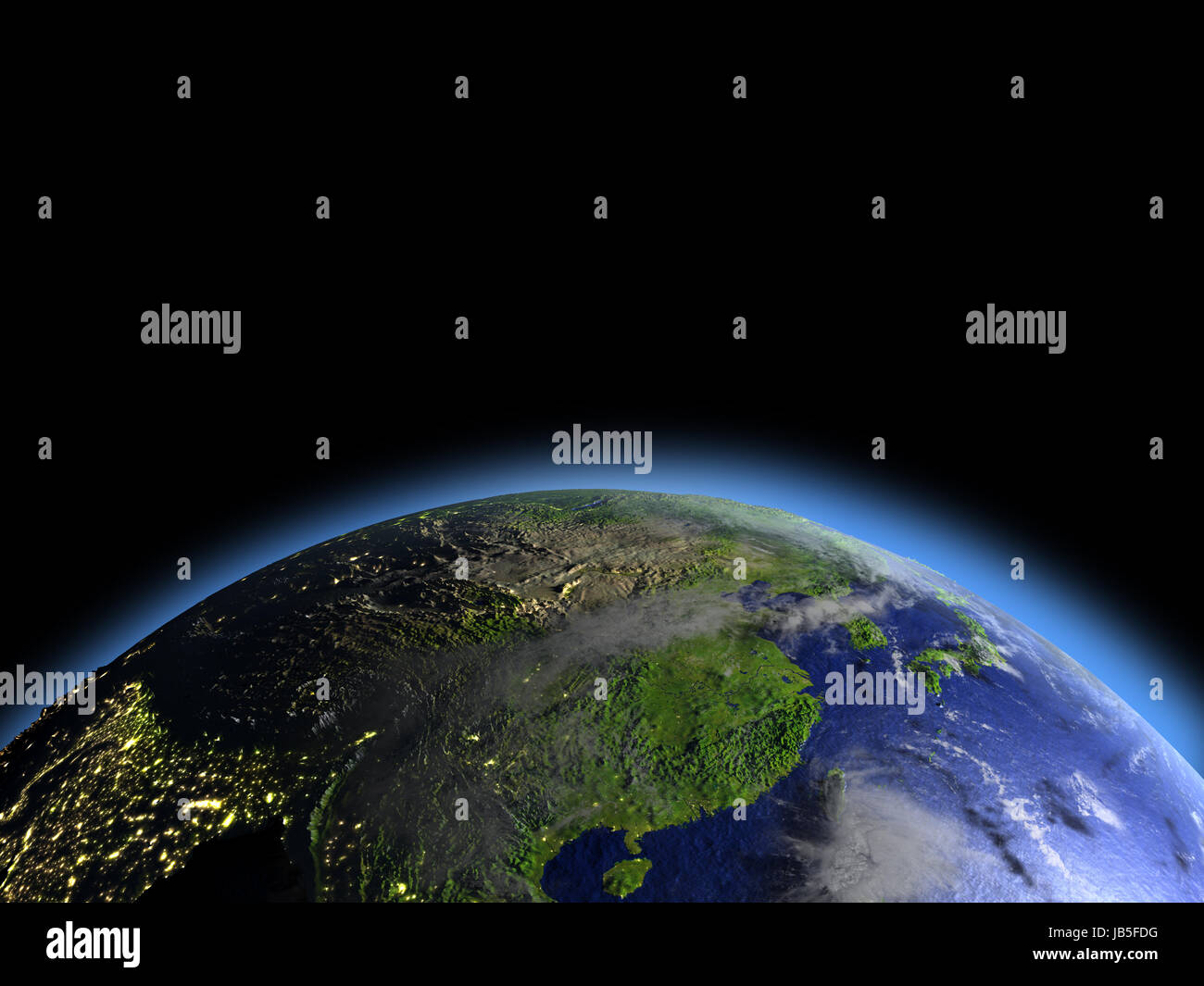 East Asia as seen from Earth's orbit in space during dawn. 3D ...