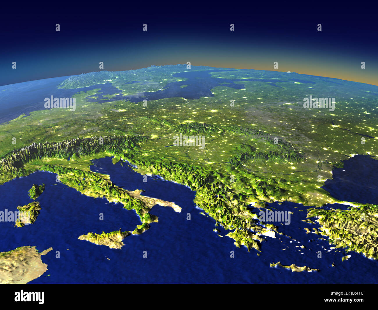 Adriatic sea region from space in the evening sunlight with visible ...