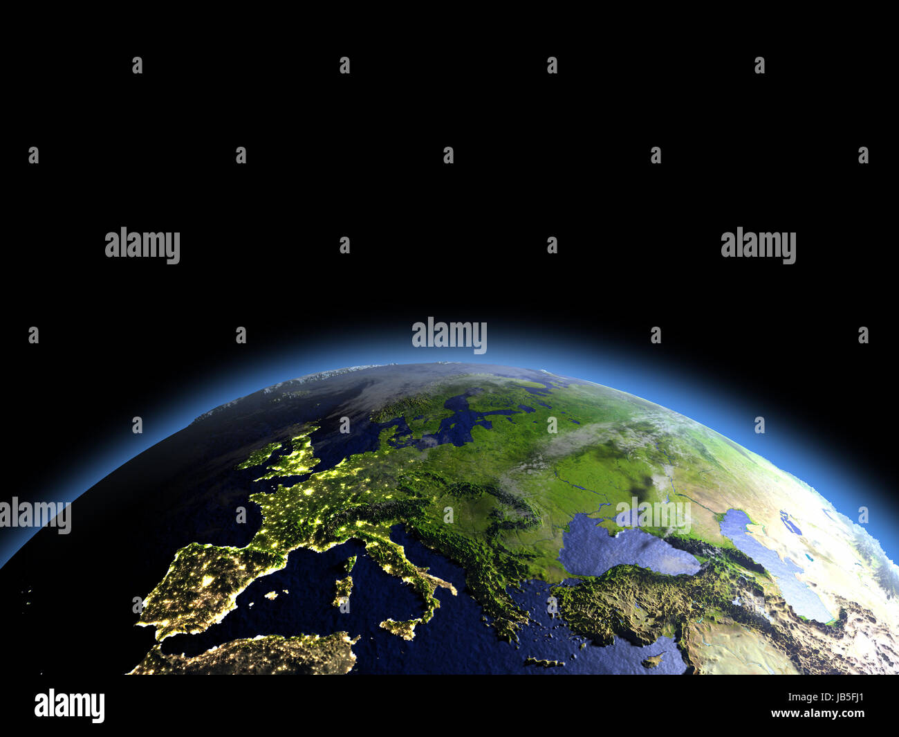 Europe as seen from Earth's orbit in space during dawn. 3D illustration ...
