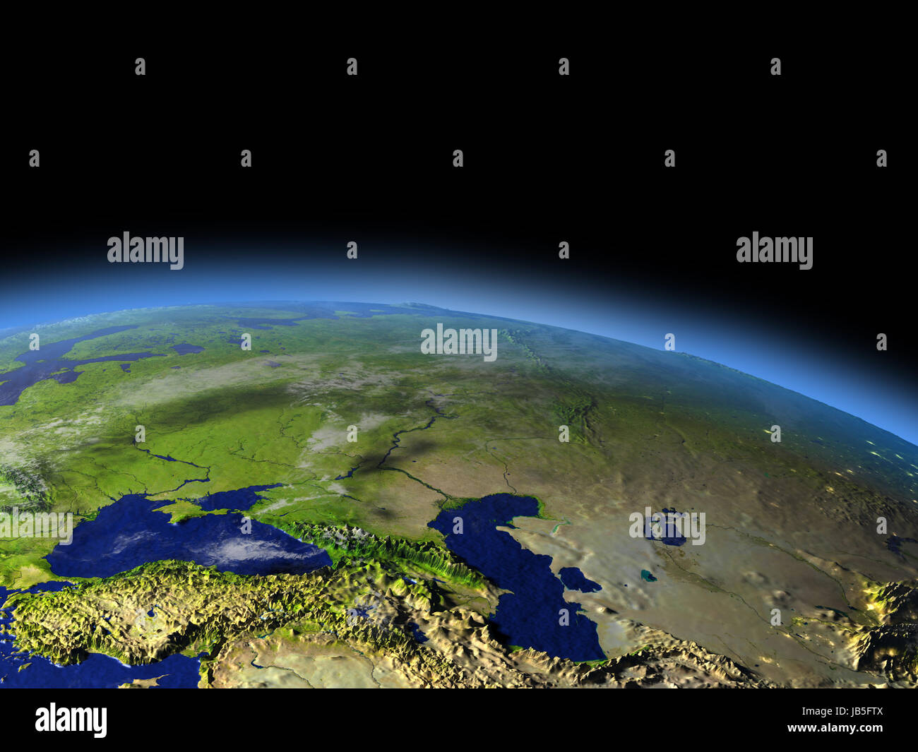 Early morning above Western Asia from Earth's orbit in space. 3D ...