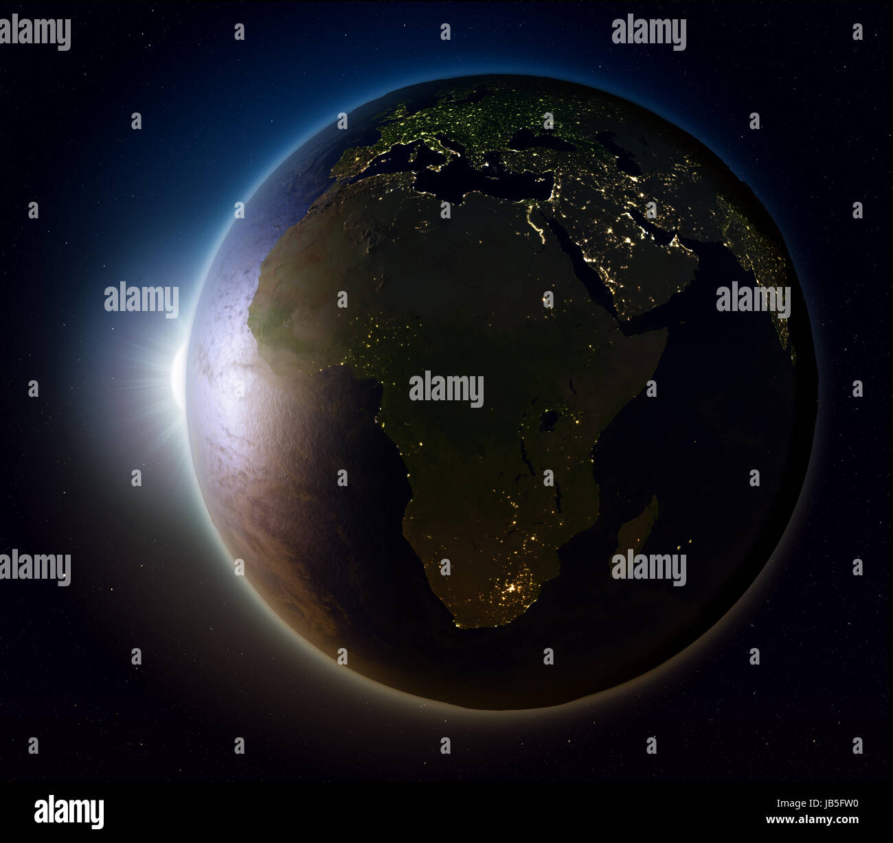 Africa with the Sun shining through the atmosphere. 3D illustration ...
